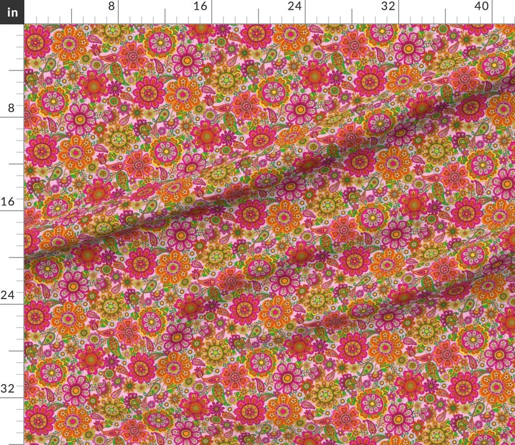 Pink and Orange Floral Pattern 1960s Fabric Flower Power by | Etsy