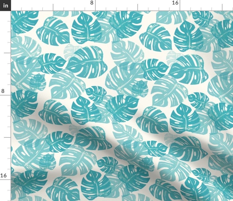Blue Monstera Fabric Linocut Monstera Blue by Biancagreen - Etsy