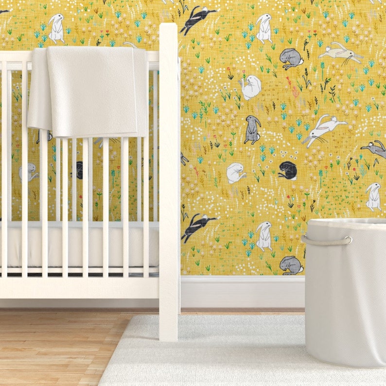 Rabbit Wallpaper Bunny Field Yellow by Nouveau Bohemian - Etsy