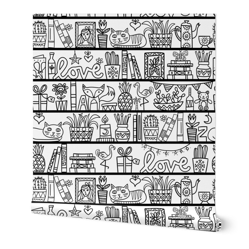 Coloring Wallpaper Bookshelves Large by Laura May Designs - Etsy
