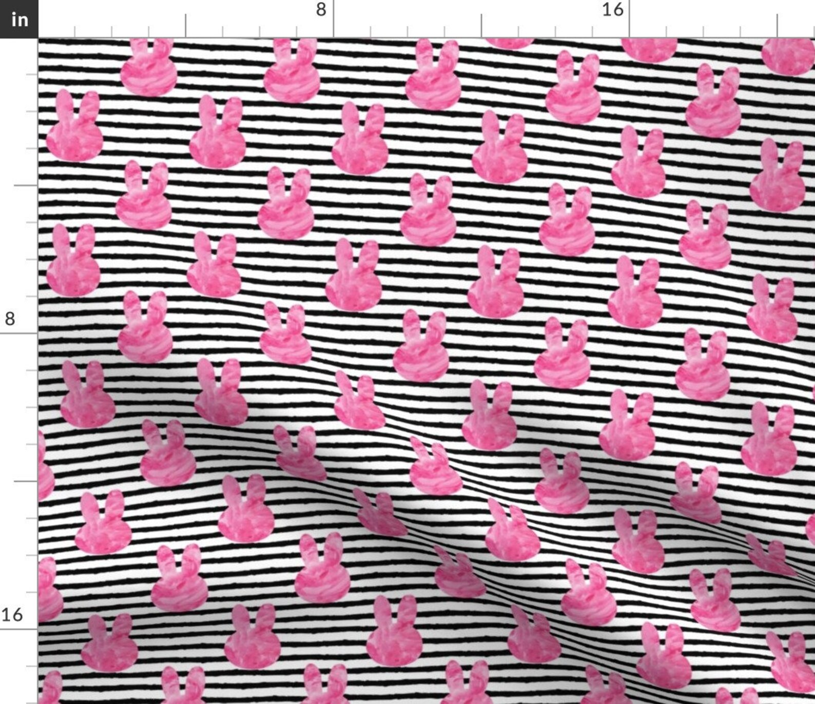 Rabbit Fabric Pink Watercolor Bunny on Black White Stripes - Etsy