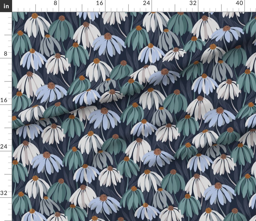 Navy Wilting Daisy Blue Pattern Fabric Summer Garden on Navy - Etsy