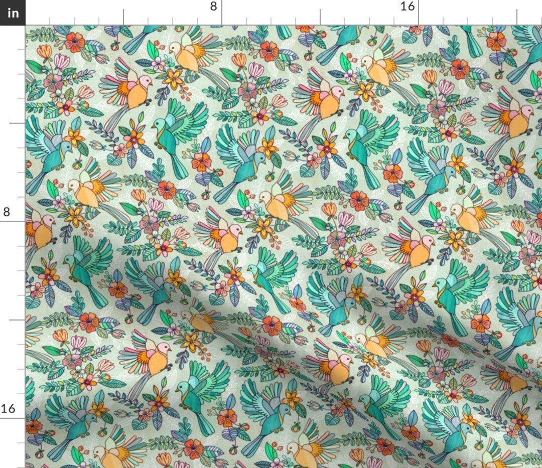Whimsical Fabric Birds Summer Flight Emerald and Apricot - Etsy