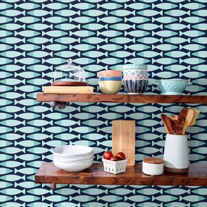Modern Fish Wallpaper Wavy Bass Indigo Turquoise by - Etsy