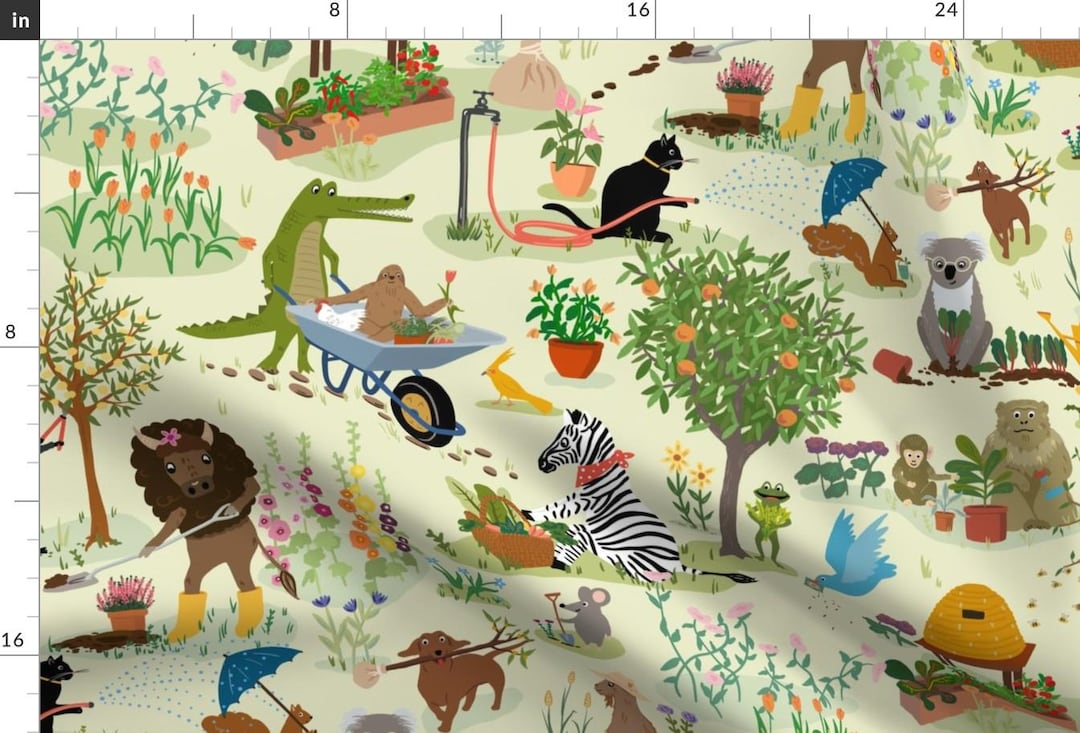 Whimsical Fabric - Animal Gardeners by Dasbrooklyn - Garden Animals ...