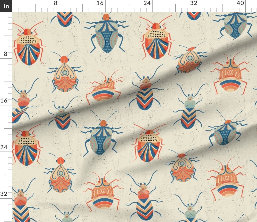 Retro Bugs Fabric Retro Bugs by Luli Print Beige Orange - Etsy UK