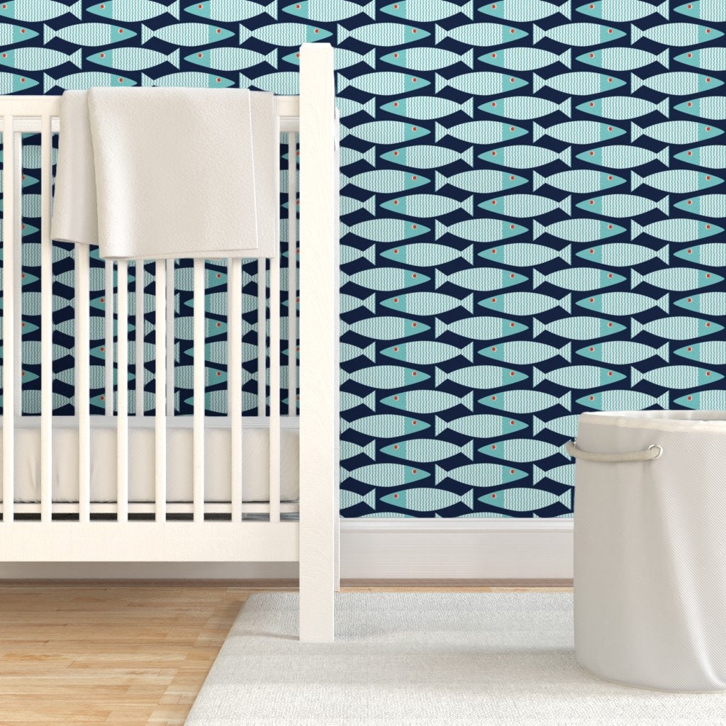 Modern Fish Wallpaper Wavy Bass Indigo Turquoise by - Etsy