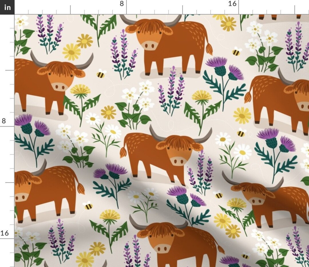 Floral Highland Cattle Fabric the Highlands by Laura May Designs 2021 ...