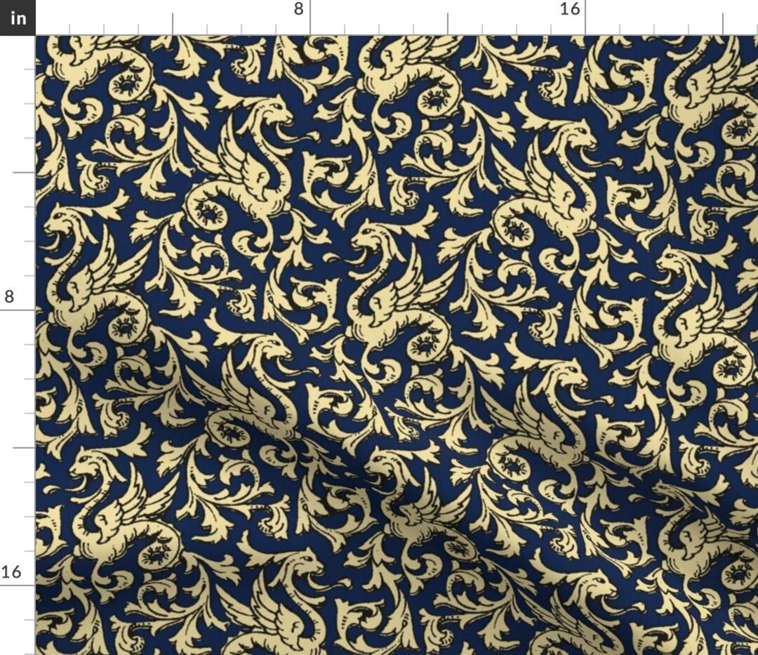 Dragons Fabric Here There Be Dragons Navy Gold by Peacoquettedesigns ...