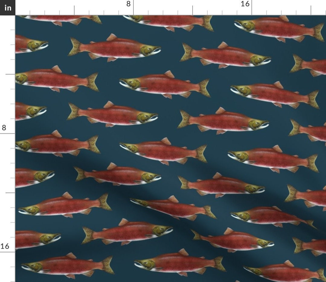 Red Salmon Fabric Sockeye Salmon on 1d3d4c Navy by Weavingmajor Pond ...