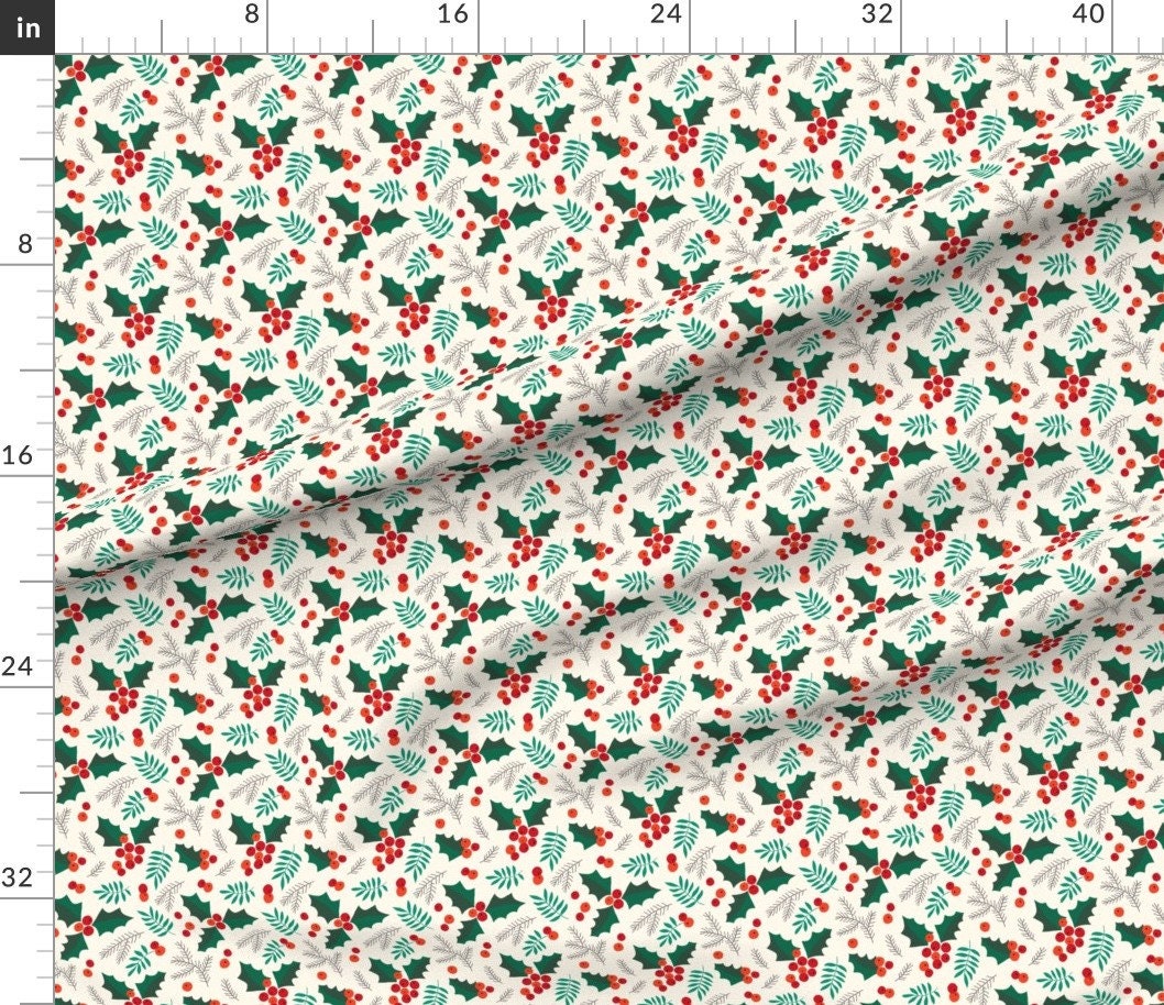 Holly Fabric Christmas Holly and Berries on Creme by Heleen | Etsy