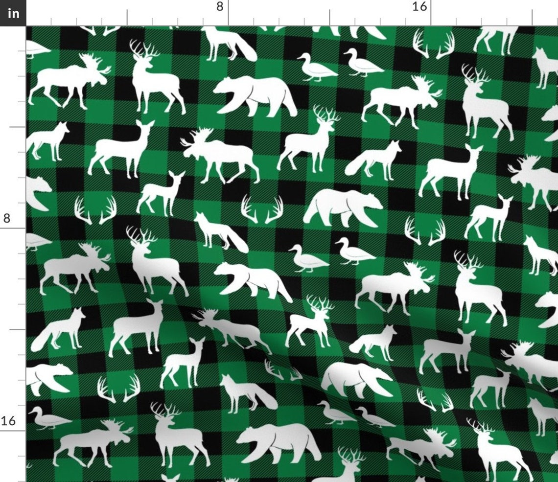 Green Plaid Fabric Woodland Animals Green Plaid by | Etsy