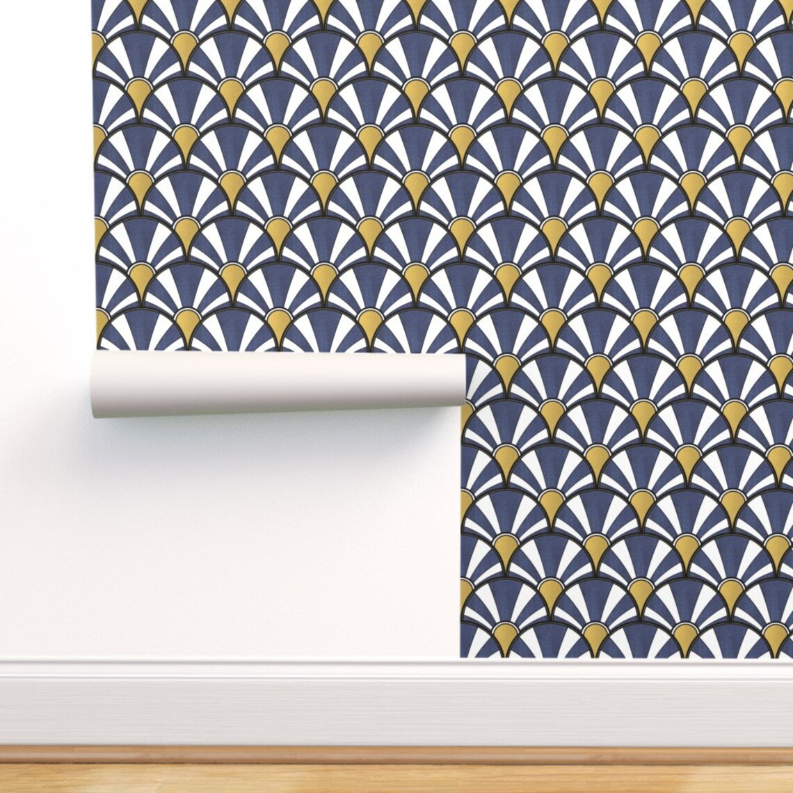 Scallop Pattern Wallpaper Navy Gold White By Suzzincolour | Etsy