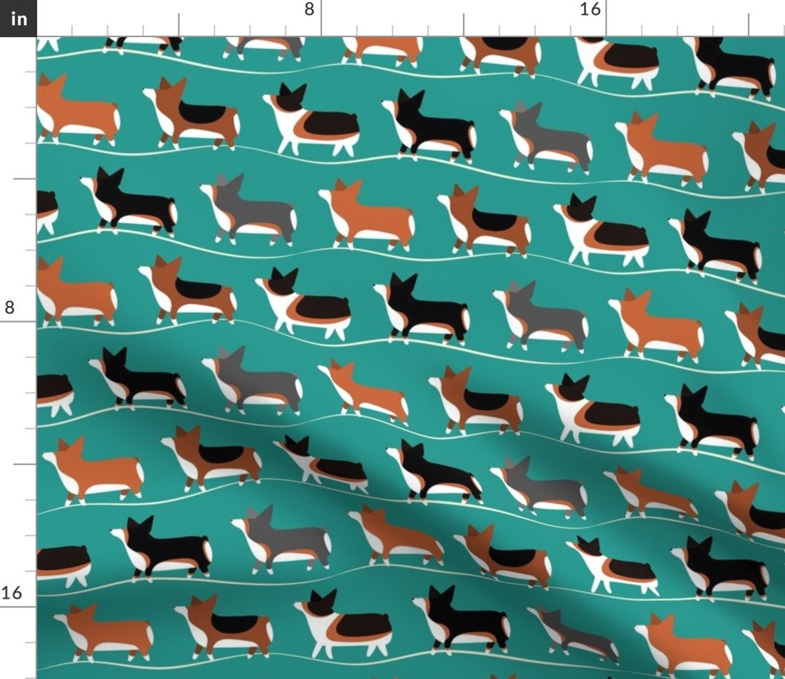 Cute Corgis Fabric Corgis on Parade in Teal by Pinkowlet | Etsy