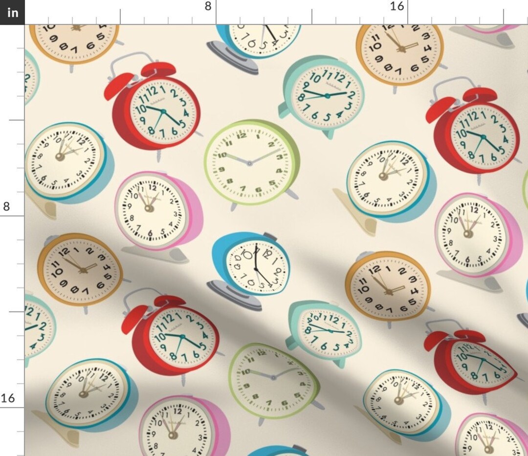 Vintage Time Fabric Retro Clock Fabric Design Cream Background by Bella ...