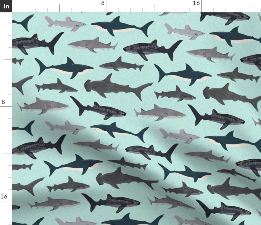 Sharks Fabric Shark // Sharks Mint Fish Ocean Sea Nautical Kids Shark ...
