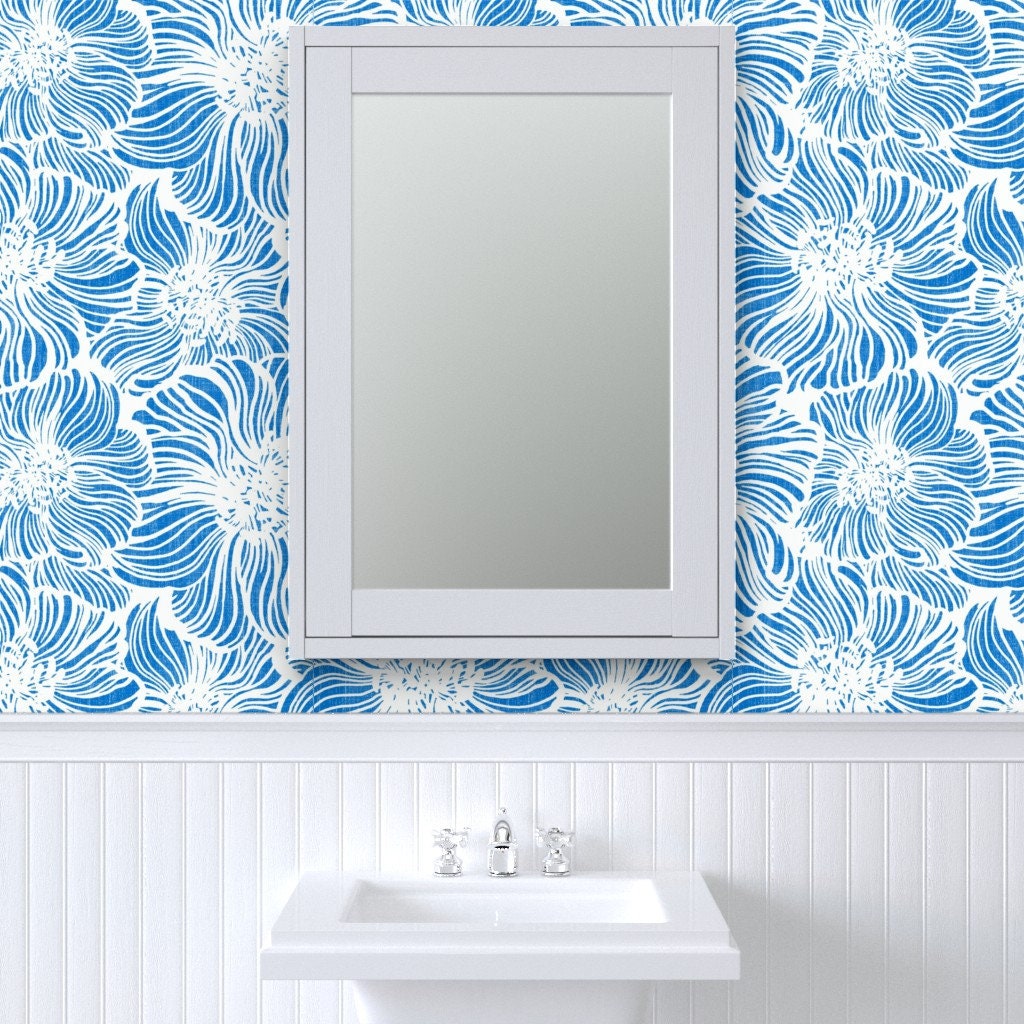 Floral Wallpaper Sunflower in Teal on Linen by Mpzstudio - Etsy