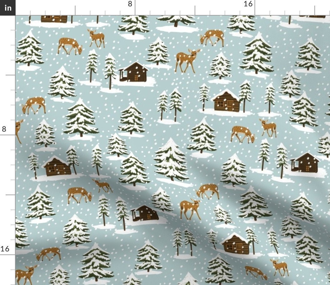Winter Wonderland Snowy Cabin Fabric Winter Forest Cabins | Etsy