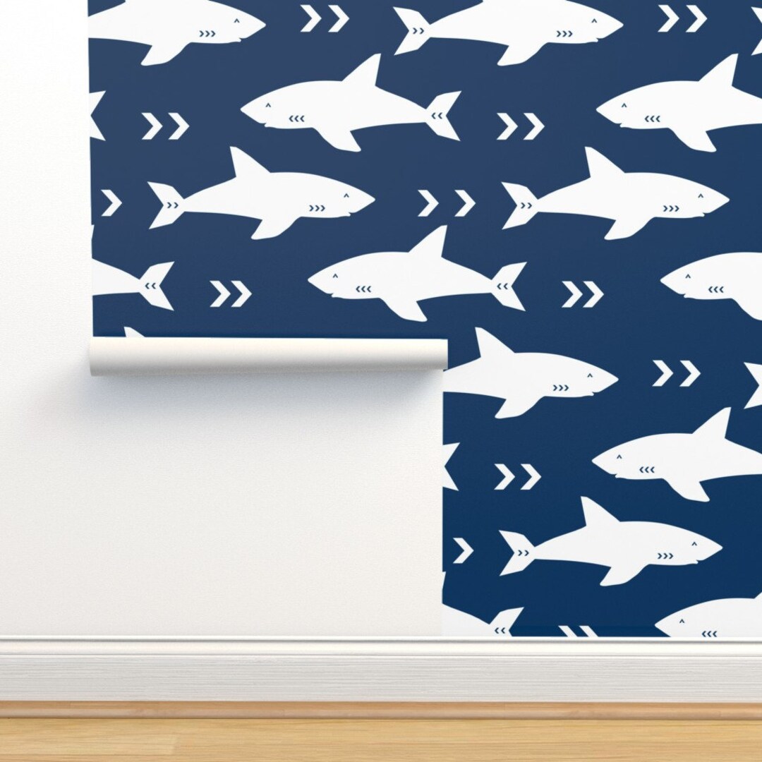 Sharks Wallpaper Navy Blue Sharks White by Charlottewinter - Etsy