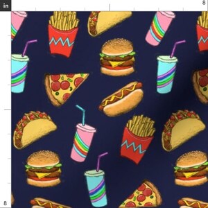 Junk Foods Fabric Painted Fast Food on Navy by Micklyn Hot Dog Burger ...