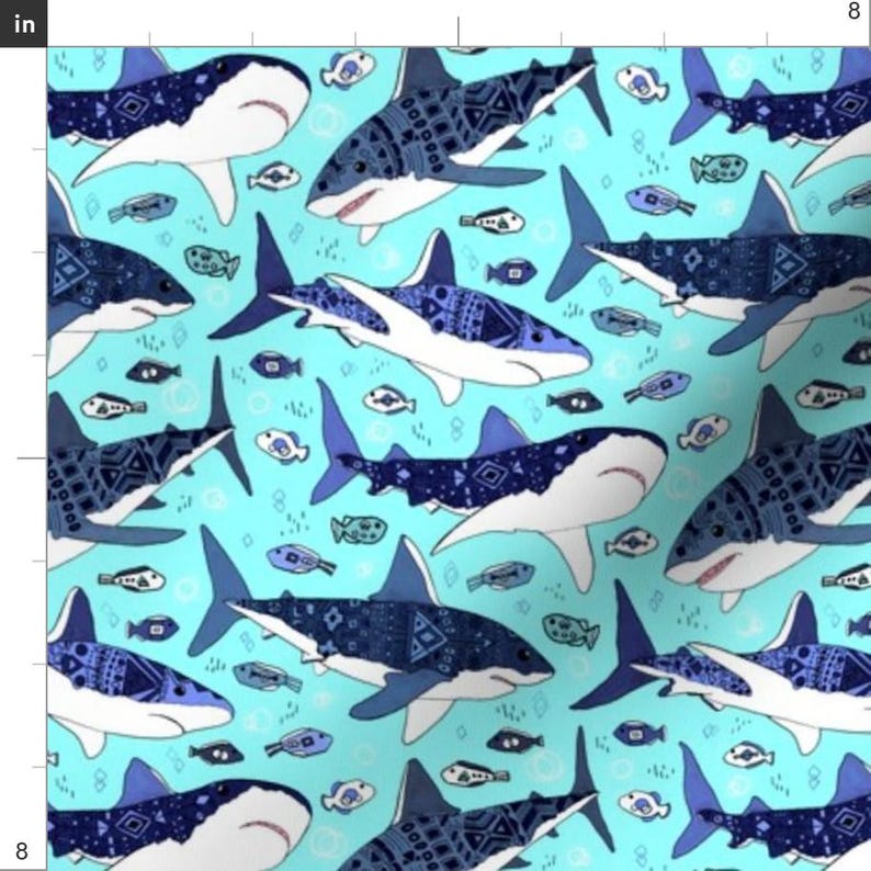 Shark Fabric - Sharks & Fish on Aqua Blue Small by Tigatiga - Aztec ...