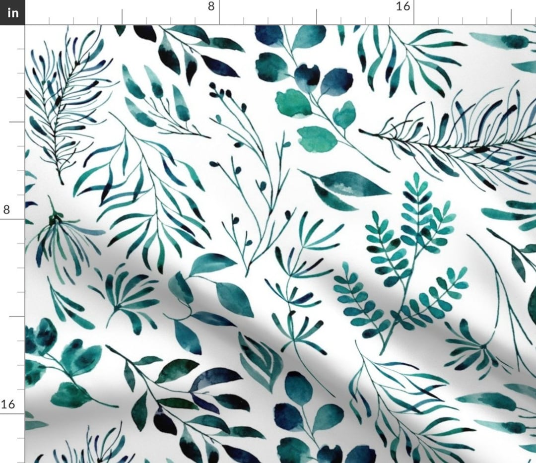 Green Leaves Botanic Fabric Teal Leaves Botanical Foliage Nature Ferns ...