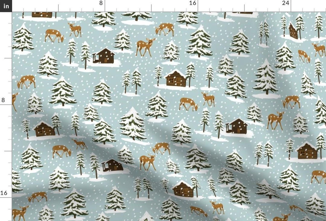 Winter Wonderland Snowy Cabin Fabric - Winter Forest Cabins and Deer by ...