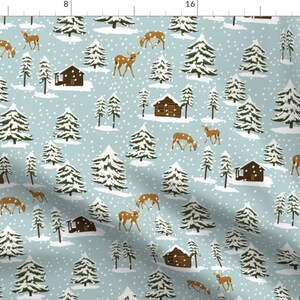 Winter Wonderland Snowy Cabin Fabric - Winter Forest Cabins and Deer by ...
