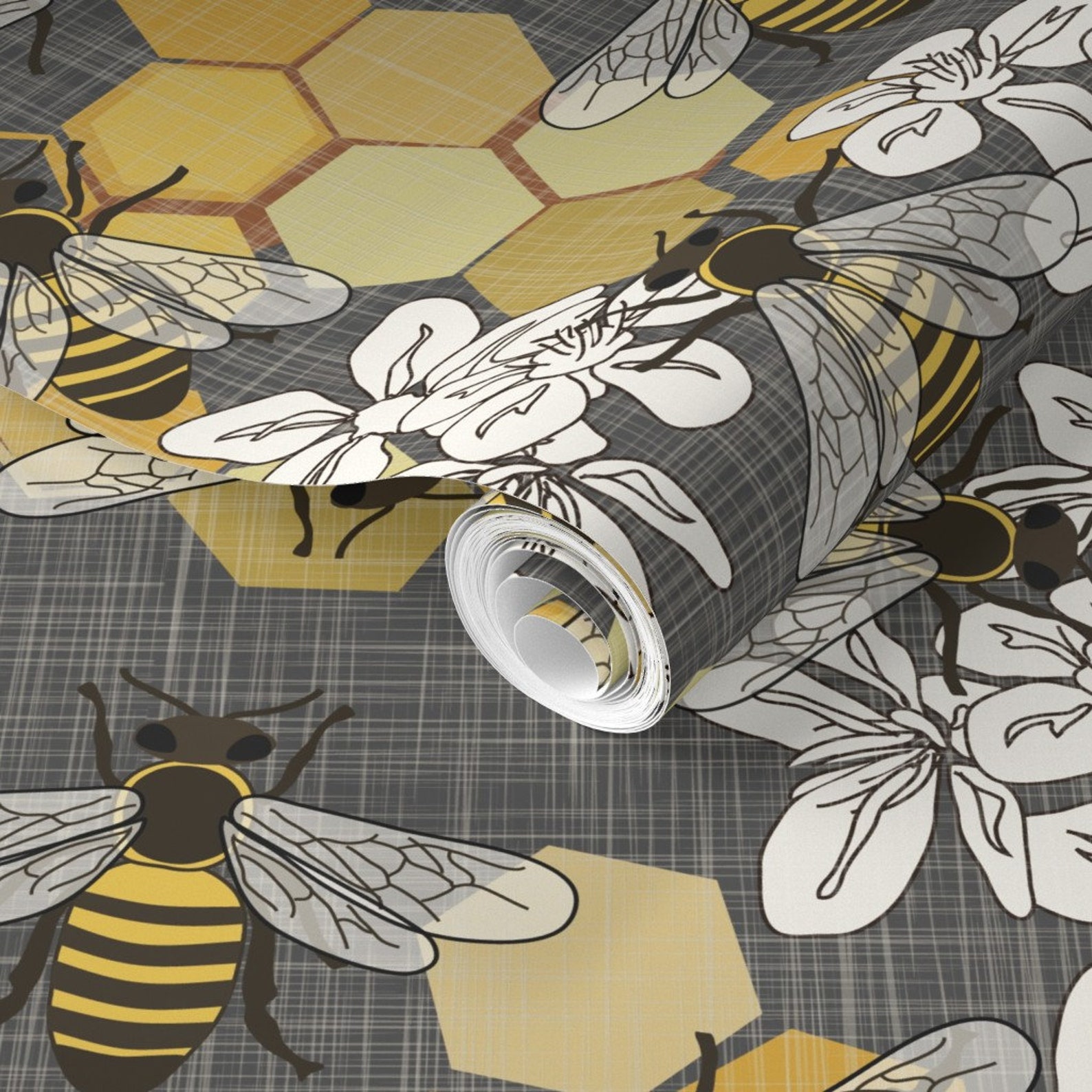 Honey Bees Wallpaper Honey Bees by Fernlesliestudio Gray - Etsy