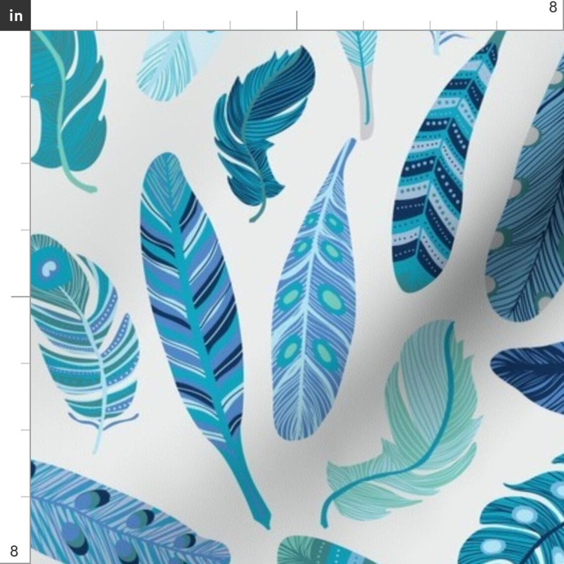 Blue Abstract Feathers Illustration Fabric Birds of A | Etsy