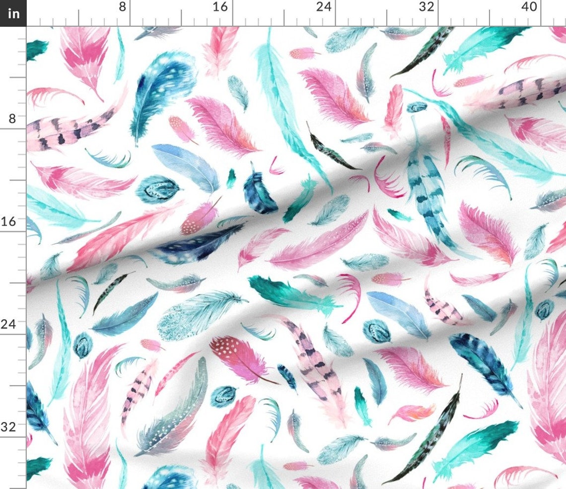 Pink Feather Fabric 36 Aqua Pink Feathers to Mix Match | Etsy