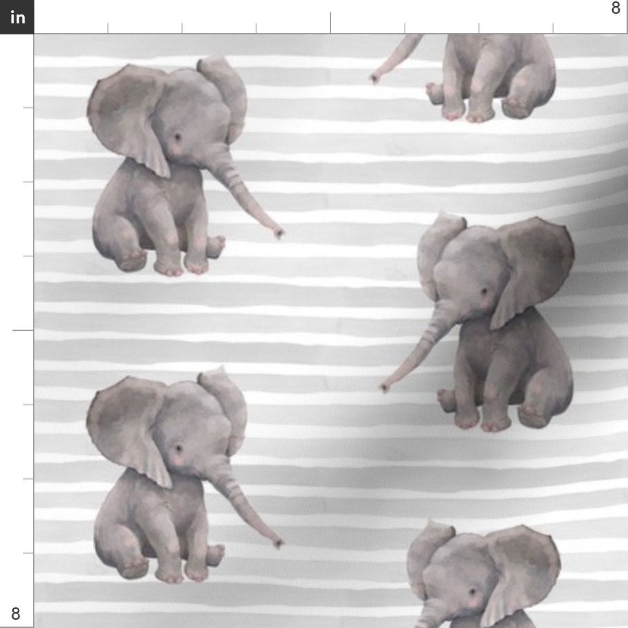 Grey Elephant on Stripes Fabric Elephant With Stripes by | Etsy