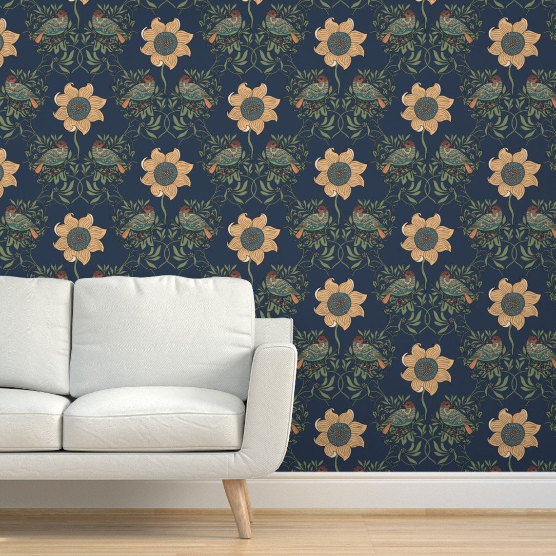 Victorian Sunflower Wallpaper Victorian Floral Navy by - Etsy