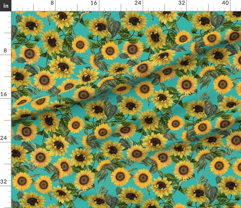 Sunflowers Fabric 18 Vintage Sunflowers on Teal by - Etsy