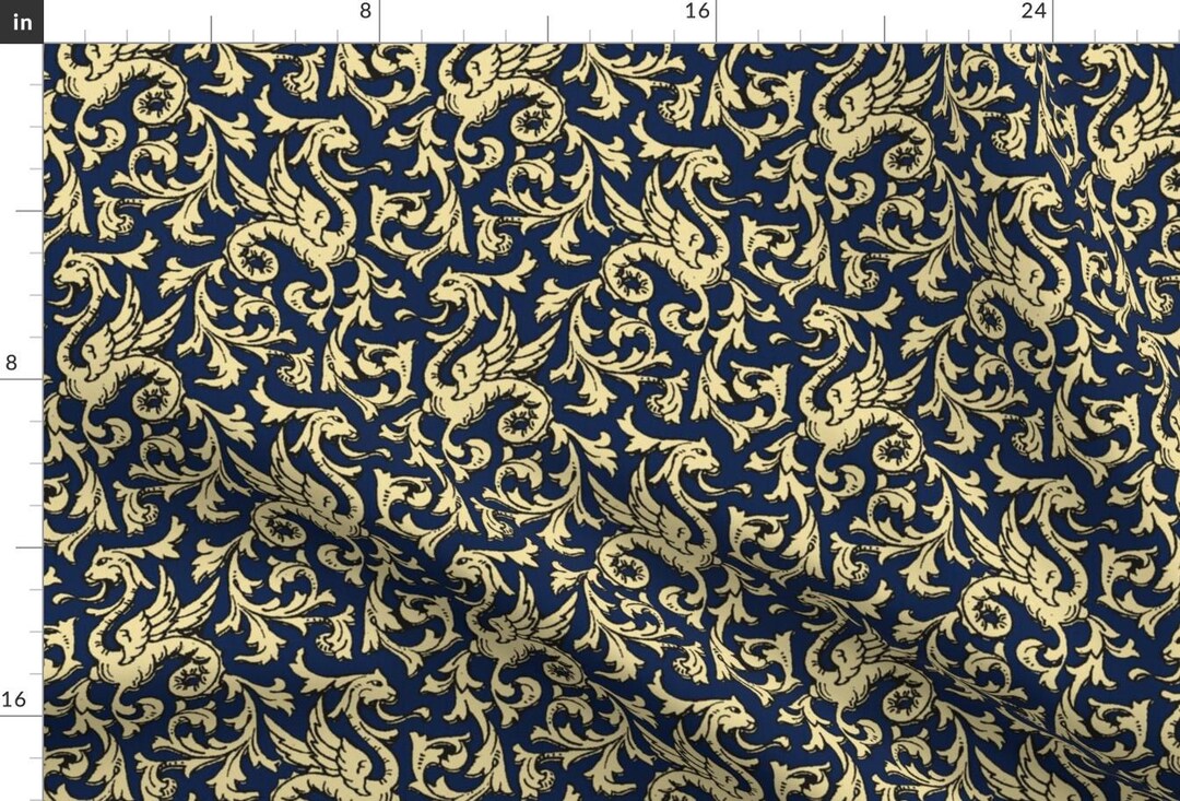 Dragons Fabric - Here There Be Dragons Navy Gold by Peacoquettedesigns ...