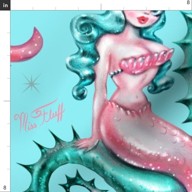 Vintage Mermaid Fabric Mysterious Mermaid On Blue Large By Etsy