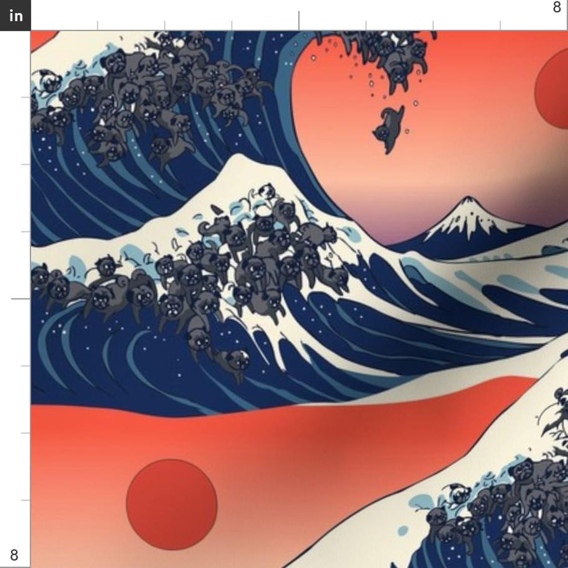 Pug Ocean Waves Illustration Fabric - the Great Wave of Black Pug by ...
