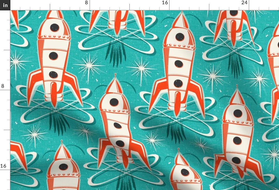 Blast off Fabric - Blast off - Retro Rockets Textured Aqua Large Scale ...