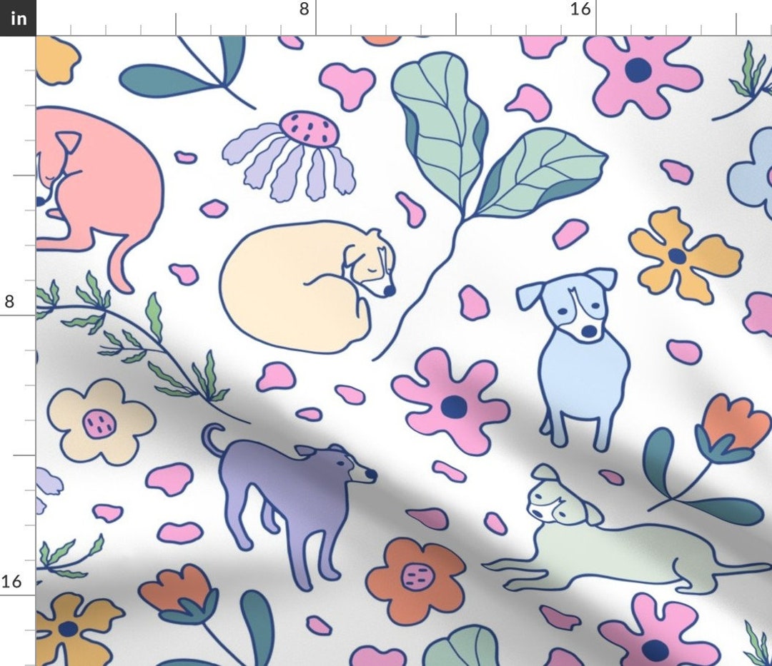 Retro Pastel Dogs Fabric Cute Puppy Garden by Inkbearblue Cute Floral ...