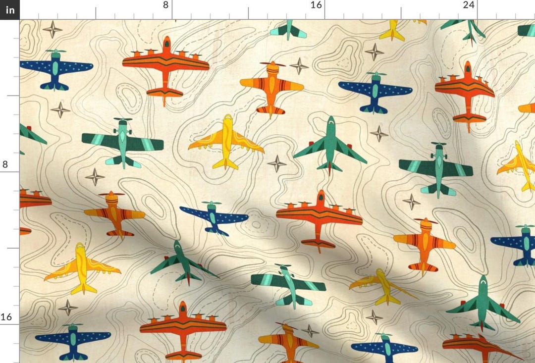 Airplanes Fabric - Vintage Multi-color Airplanes and Cartography by ...