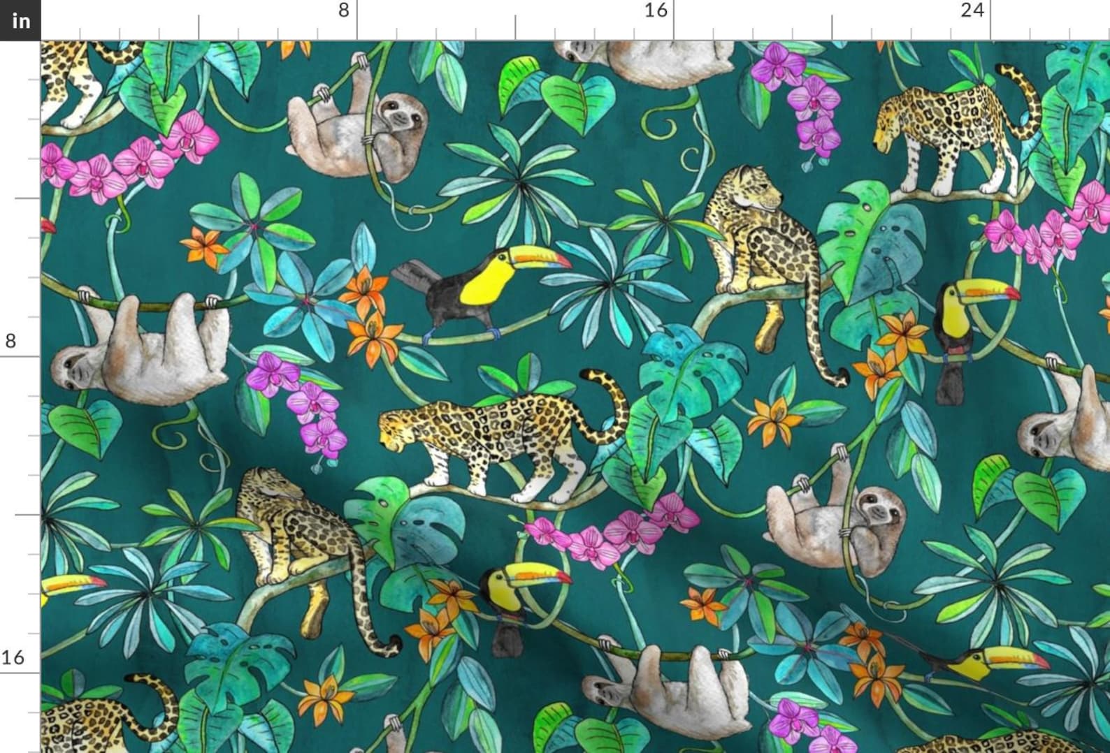 Rainforest Fabric - Rainforest Friends - Watercolor Animals on Teal ...