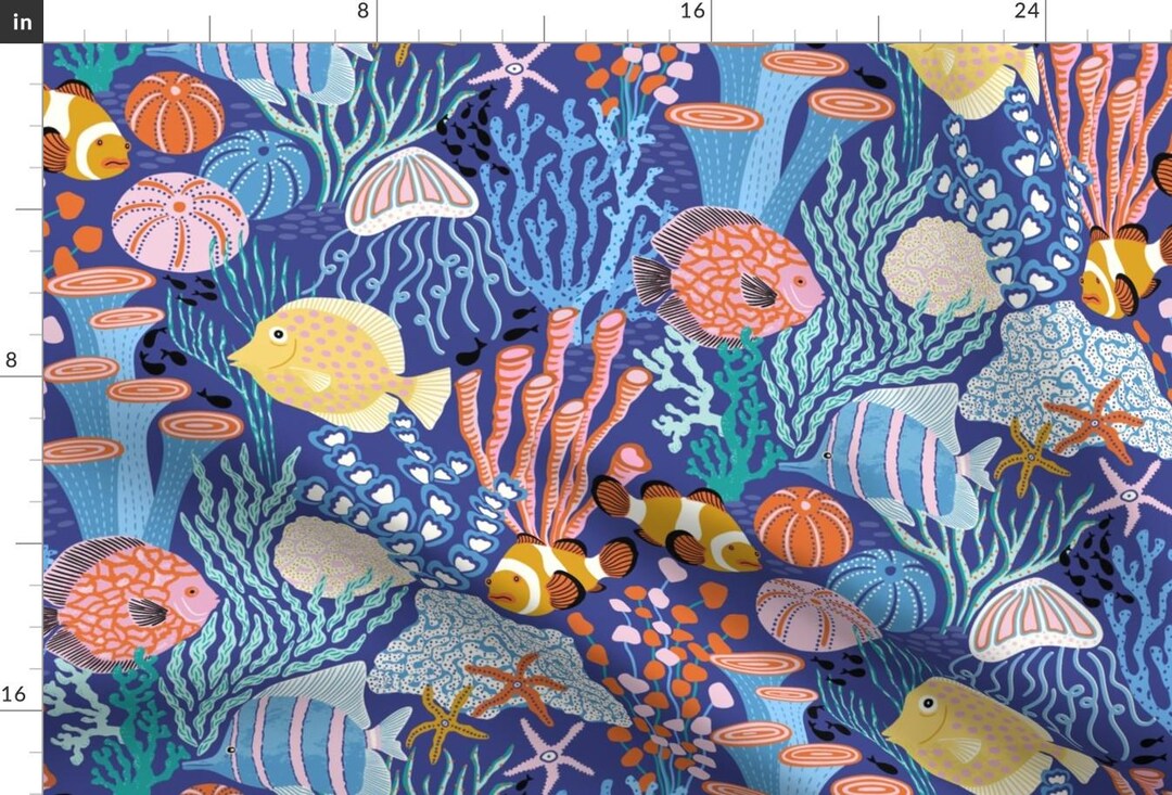 Coral Reef Apparel Fabric - Tropical Reef by Vivdesign - Blue Colorful ...