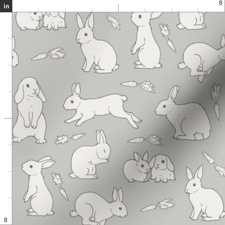 Rabbits on Gray Fabric Rabbits Monochrome Grey by Hazel | Etsy