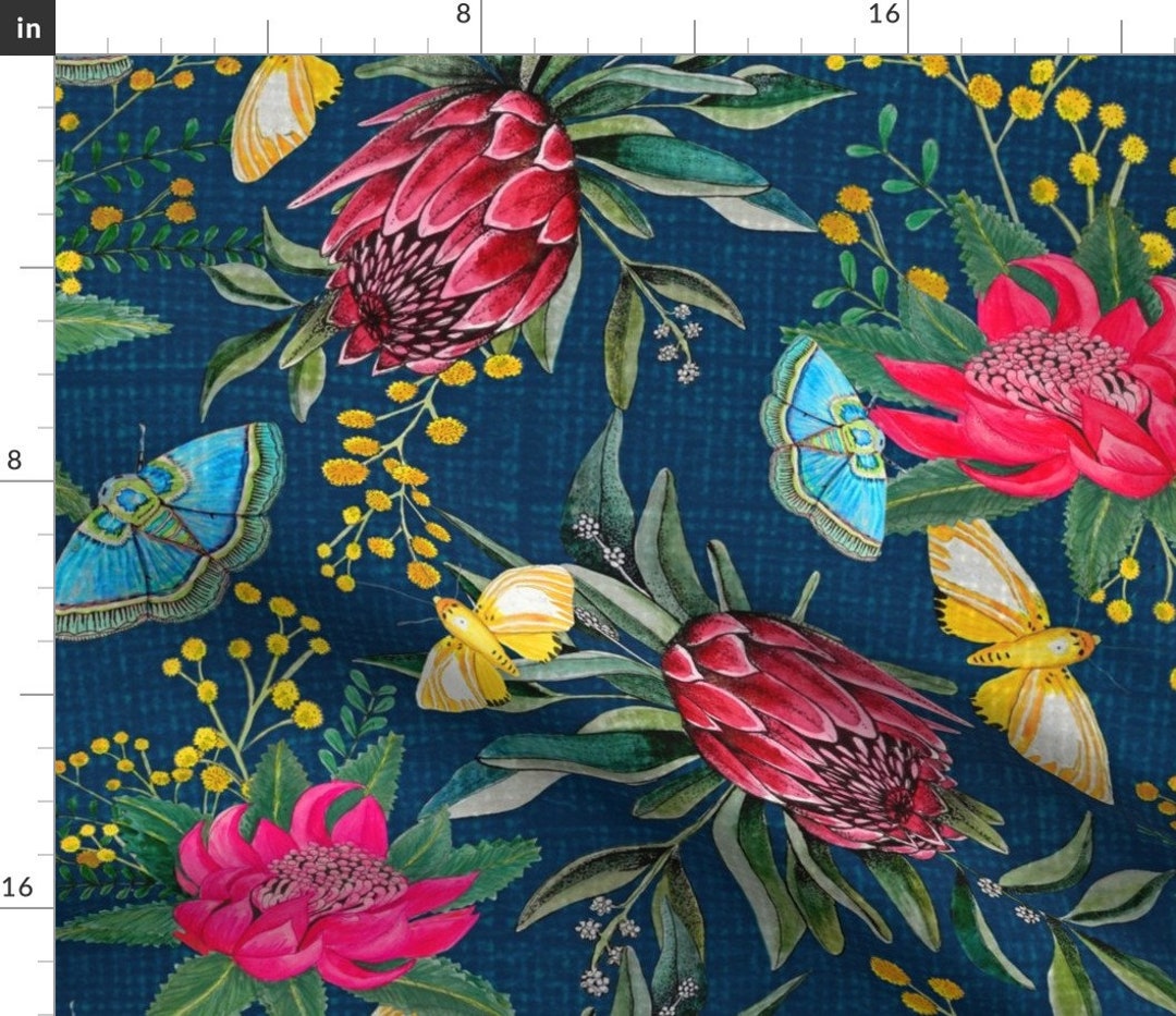 Australian Flora Flower Fabric Protea Flowers With Butterflies by ...