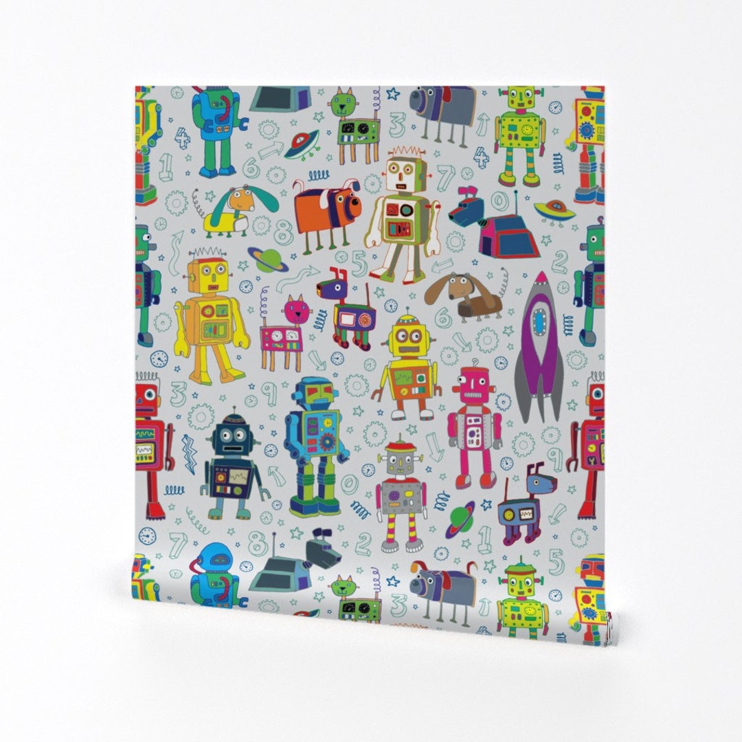 Robots Wallpaper Robots in Space on Gray by Cecca Robots Red Blue ...
