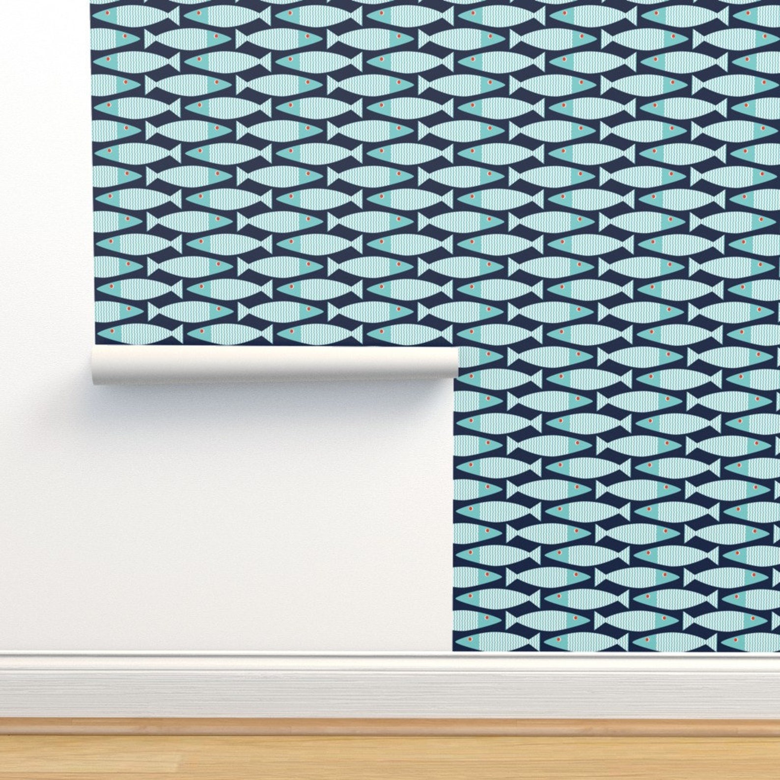 Modern Fish Wallpaper Wavy Bass Indigo Turquoise by - Etsy