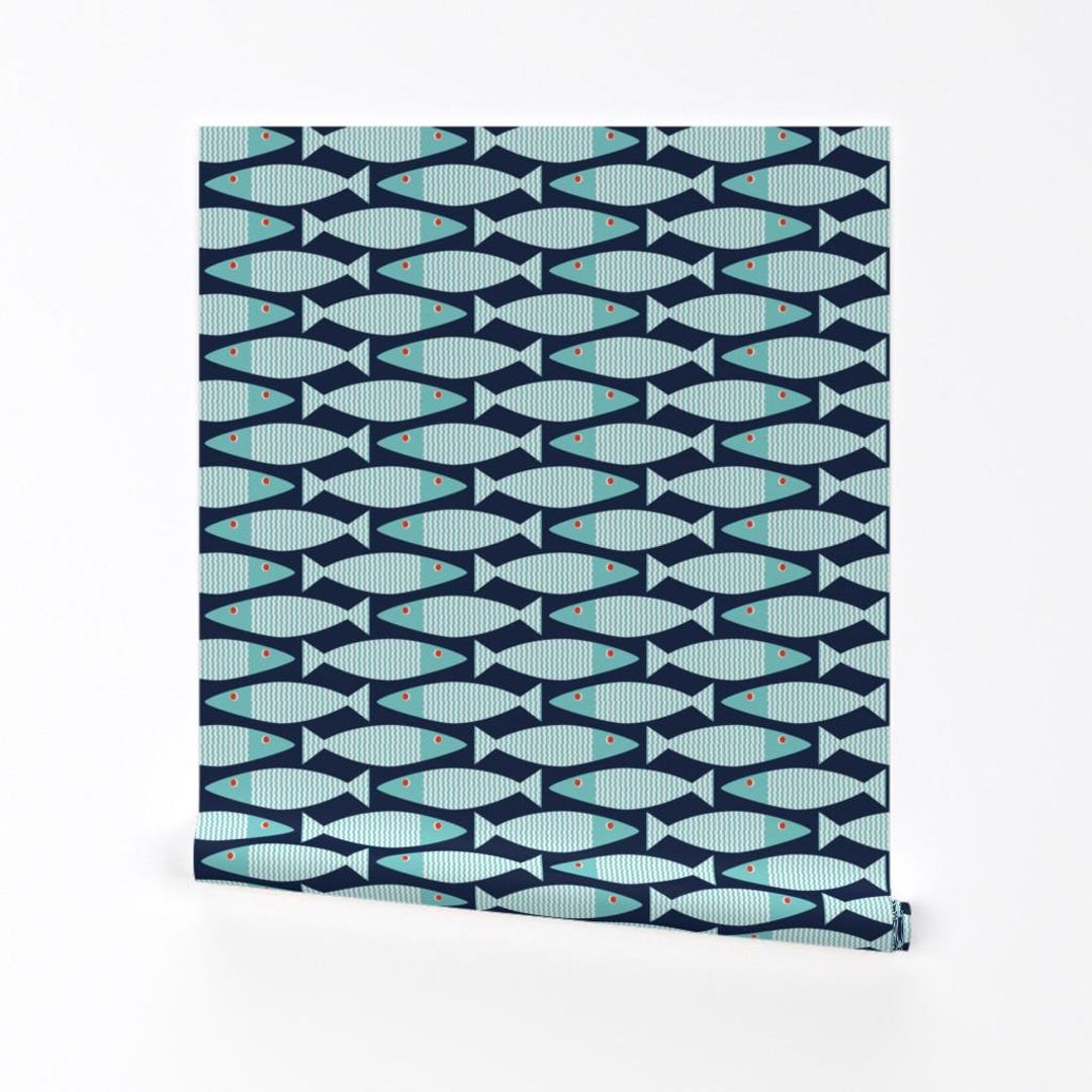 Modern Fish Wallpaper - Wavy Bass Indigo Turquoise by Jillbyers - Fish ...