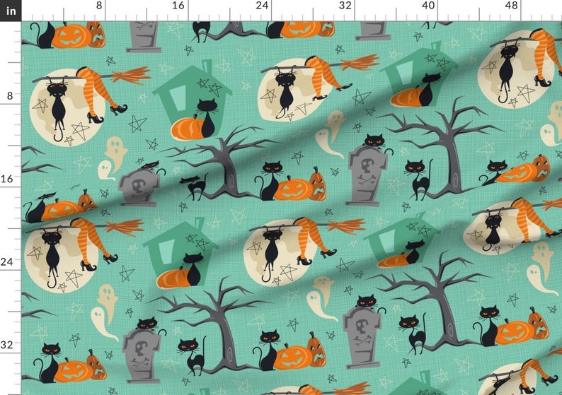 Mod Halloween Fabric Vintage Halloween Cats By Juliesfabrics | Etsy