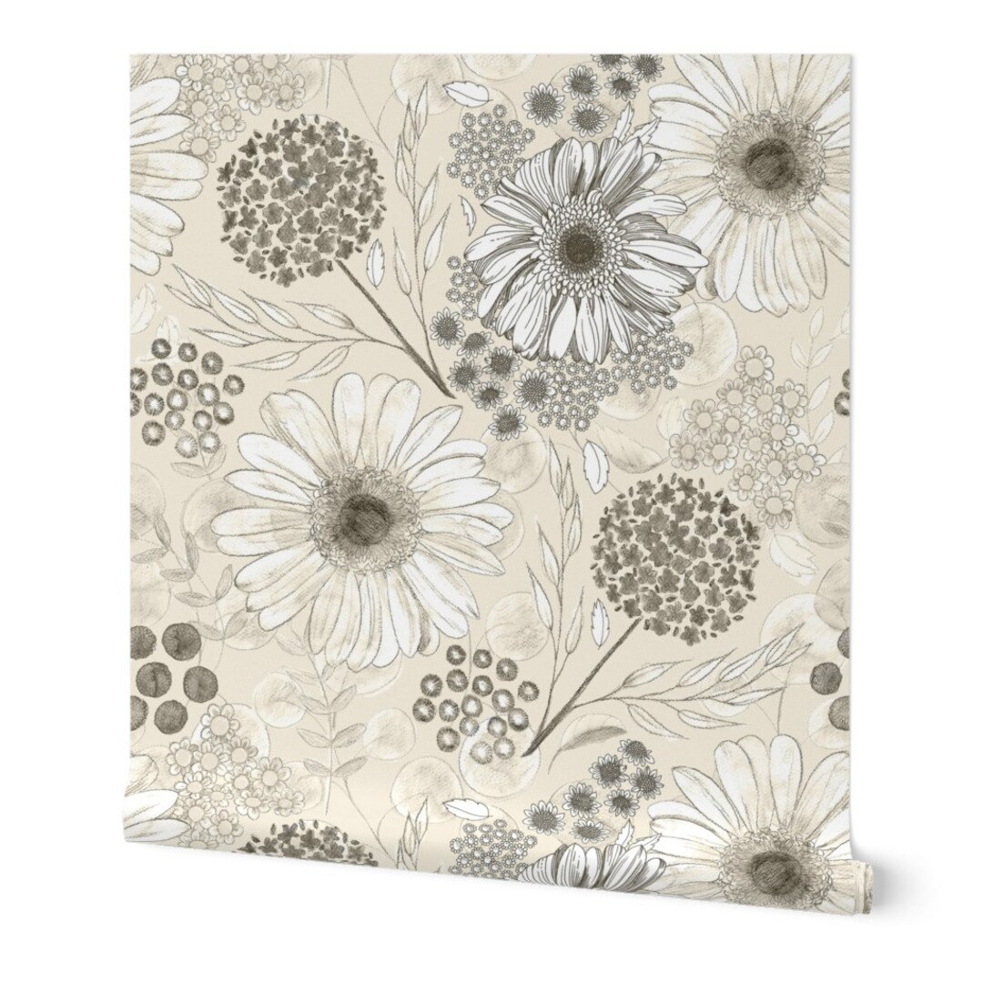 Neutral Floral Wallpaper Handdrawn-flowers-earth-tones by - Etsy