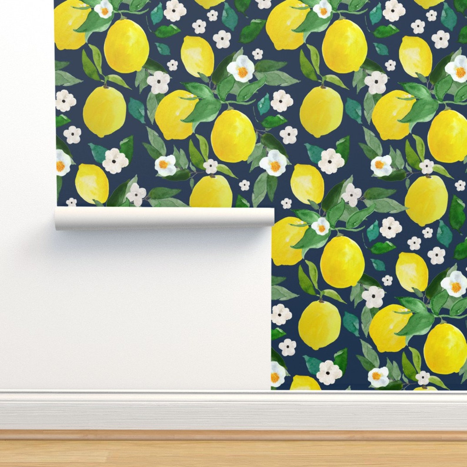 Lemon Wallpaper 8 Lemons Dark Blue Back by Shopcabin - Etsy